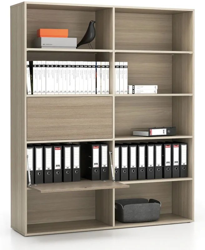 PLAN Široký kancelářský policový regál LAYERS, 2 boxy, 1582 x 400 x 1905 mm, dub přírodní / dub mořený