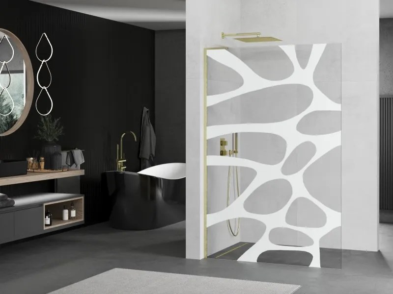 Mexen Kioto L, sprchová zástěna Walk-In 110 x 200 cm, 8mm čiré sklo bílý vzor, ​​zlatý matný profil, 800-110-103-55-97