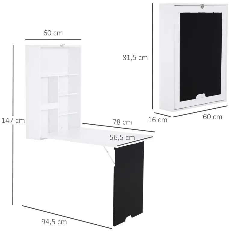 HOMCOM Nástěnný sklápěcí stůl černo-bílý, 60 x 94,5 x 147 cm 836-139V90WT