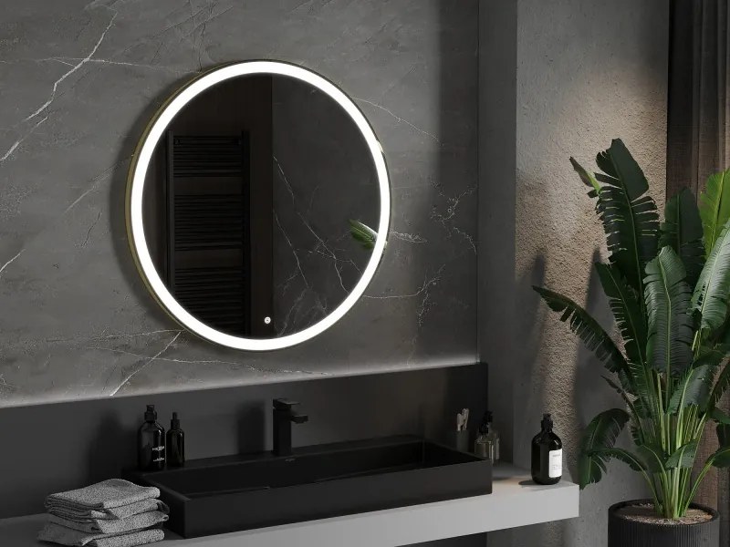 Mexen Esso kulaté podsvícené koupelnové zrcadlo, průměr 90 cm, LED 6000K, antifog, zlatý rám - 9825-090-090-611-50