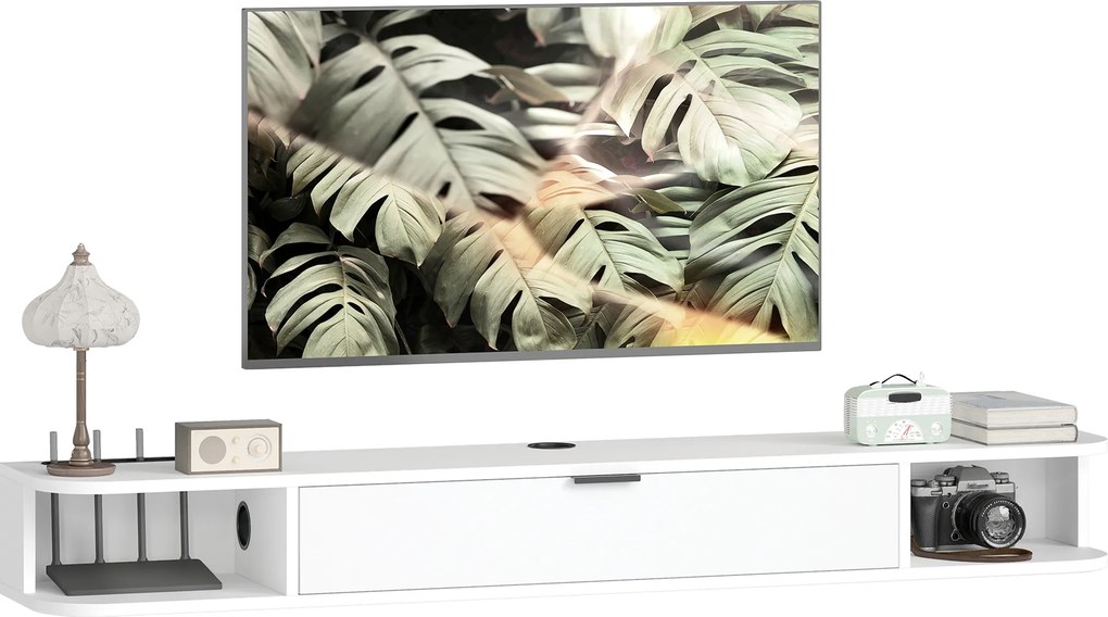 HOMCOM Závěsný TV nábytek, televizní nábytek pro televize až do 152,4 cm, výklopná zásuvka, 2 police, 140x24x16 cm, bílá