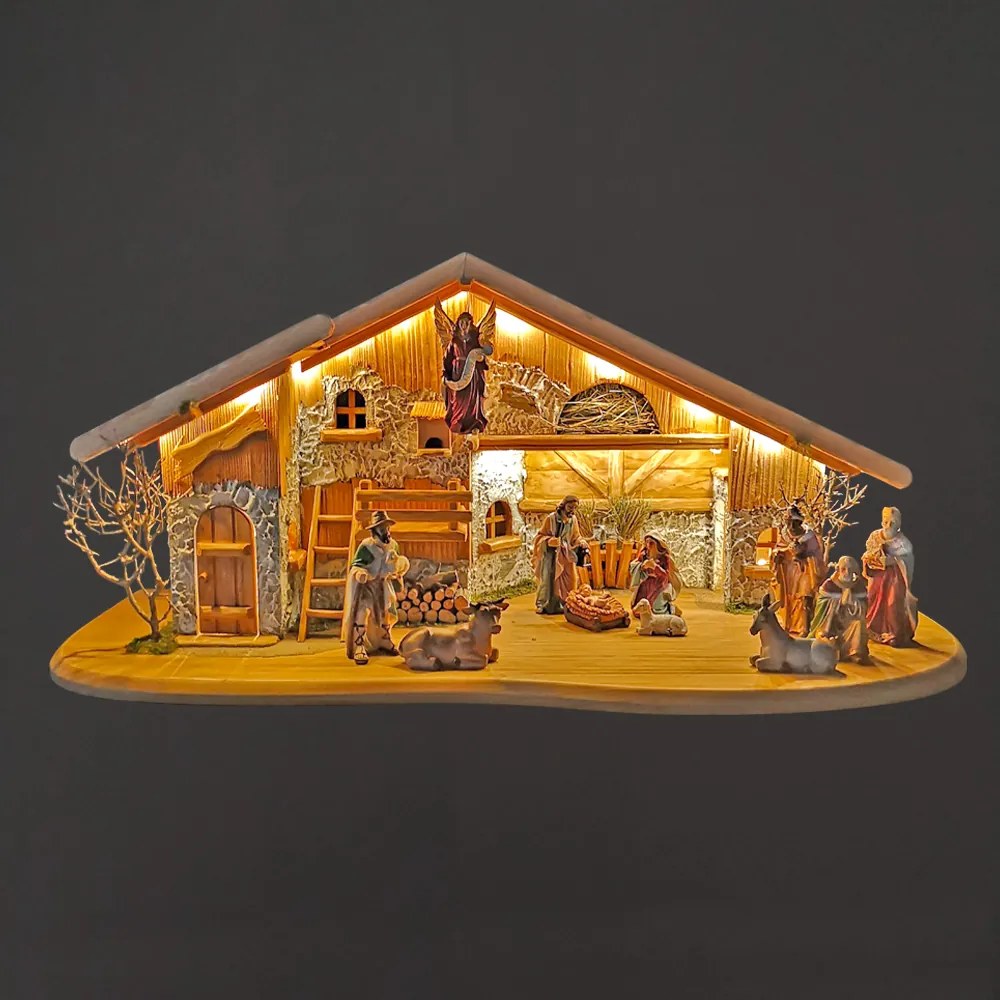 AMADEA Dřevěný osvětlený betlém BEZ FIGUREK 80 cm