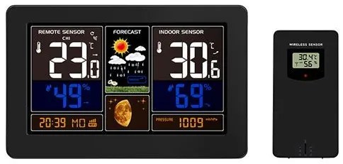 SOLIGHT Meteostanice, extra velký barevný LCD, teplota, vlhkost, tlak, USB nabíjení, černá, TE81WI