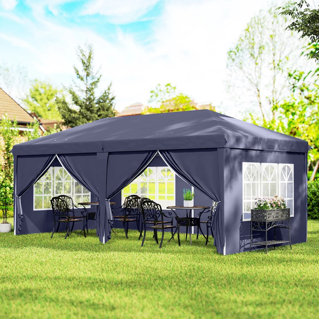 Outsunny skládací pavilon 6 x 3 m, odnímatelné boční stěny, velká okna, dveře na zip, ocelový rám, modrý