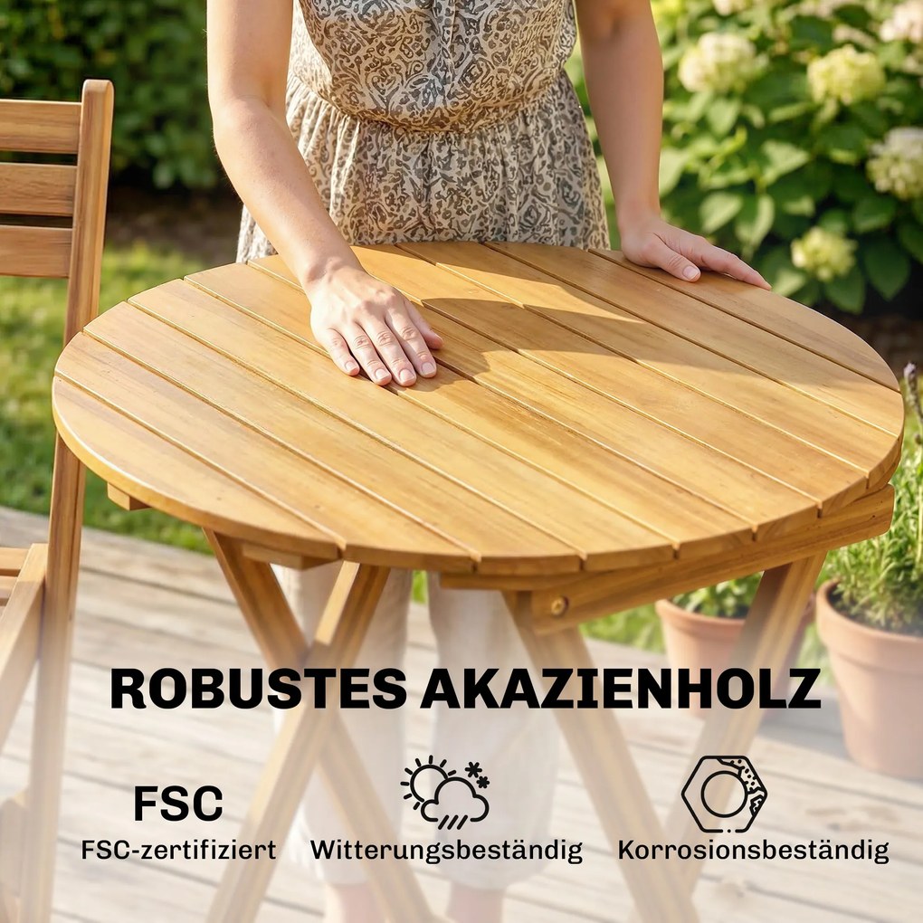 Balkonový nábytek set 3-dílný FSC dřevo skládací zahradní nábytek set s kulatým stolem 2 židle sedák polštář prodyšný lamelový sedák
