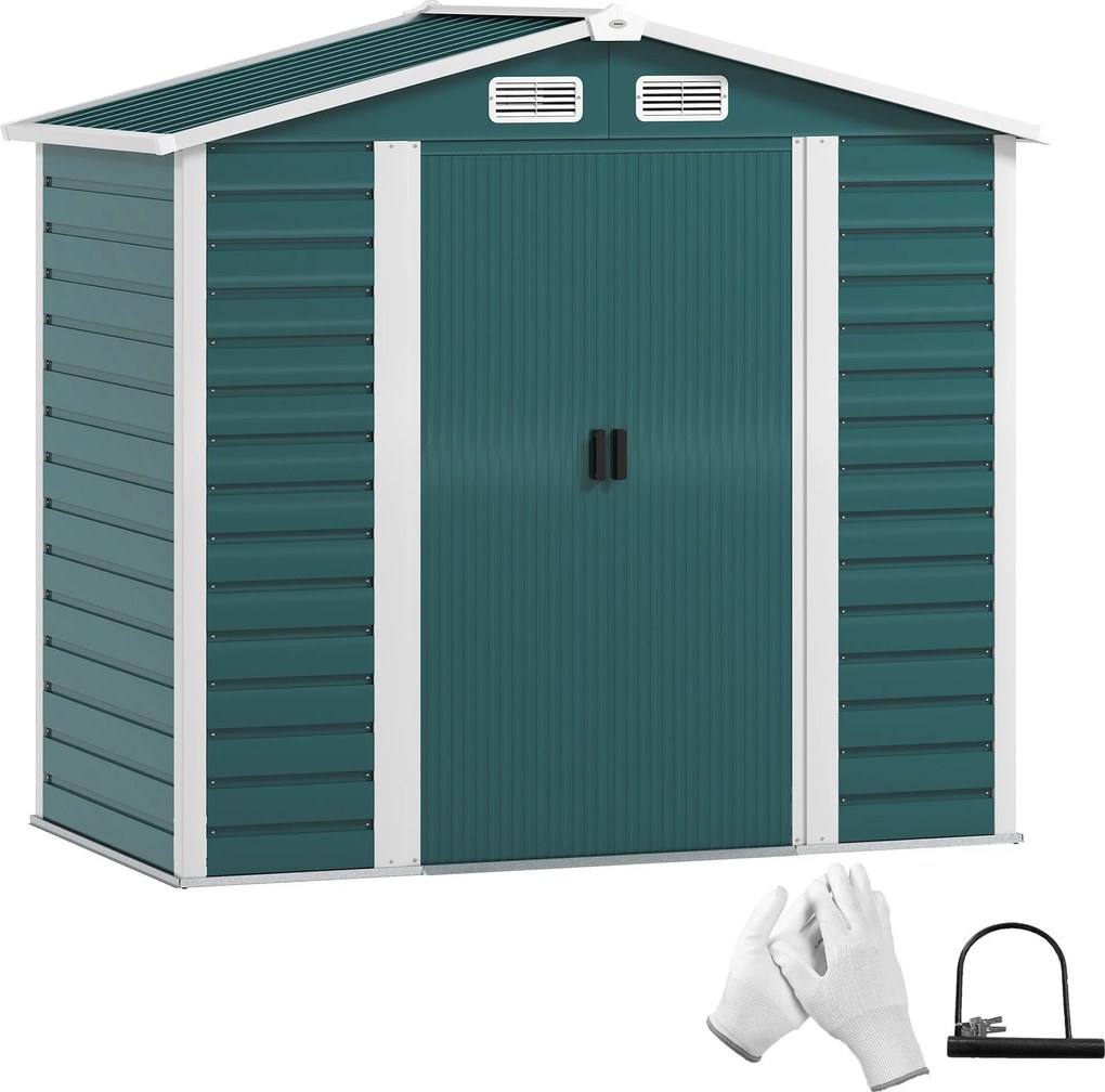 Skladový zahradní domek Outsunny 2,36 m² 213x120x194 cm s posíleným základem (podlaha NENÍ součástí) Dvojité posuvné dveře s zámkem a okny Tmavě zelen