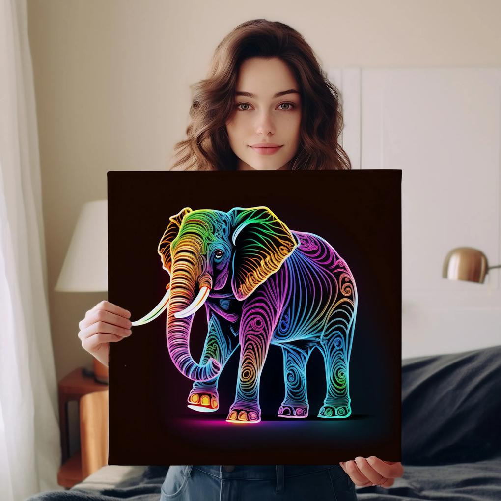 Obraz na plátně - Barevný neonový slon, tělo FeelHappy.cz Velikost obrazu: 120 x 120 cm