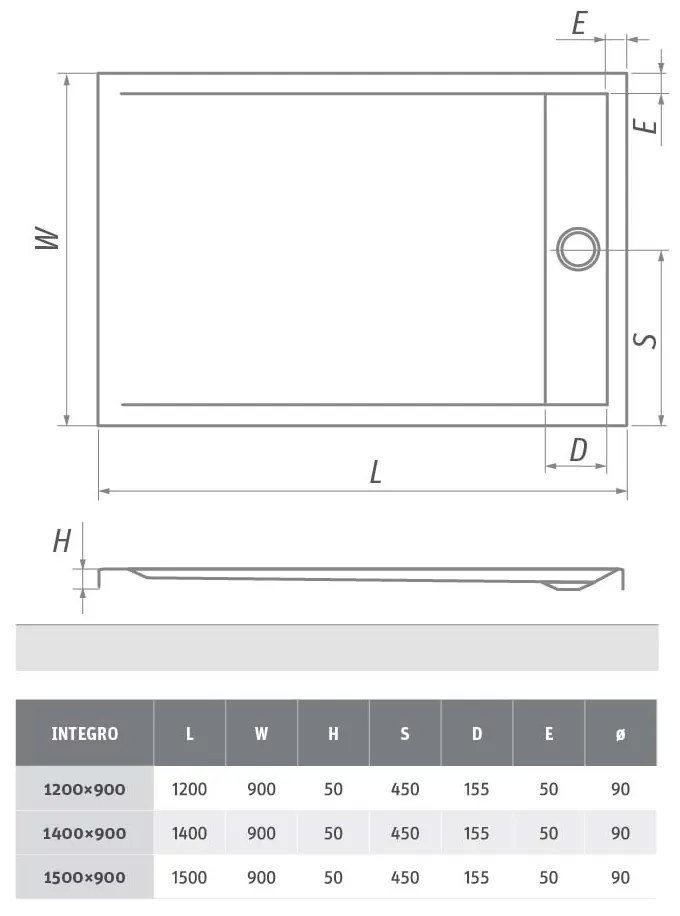 Obdélníková akrylátová sprchová vanička INTEGRO 50 mm S 1500 × 900 INTEGRO/1500 8000171