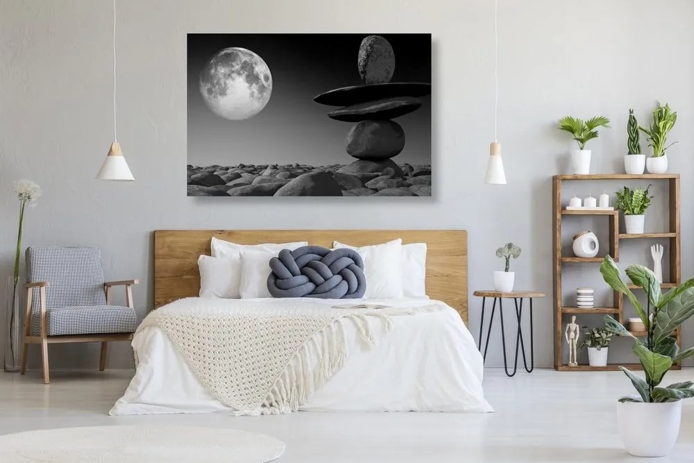Obraz skládané kameny v měsíčním světle v černobílém provedení - 120x80 cm