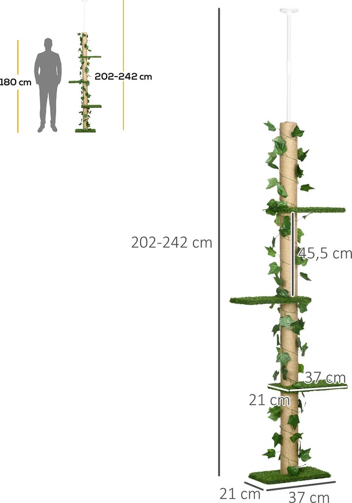 Stropní škrabadlo PawHut 202-242 cm, výškově nastavitelný strom na lezení s ochranou proti převrácení, jutový strom na hraní v zelené a žluté barvě |…