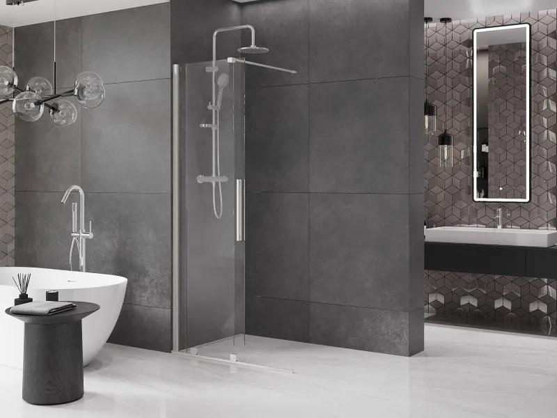 Mexen Velar, sprchová zástěna s posuvnými dveřmi Walk-in 85 x 200 cm, 8mm čiré sklo, broušená ocel, 871-085-000-03-97