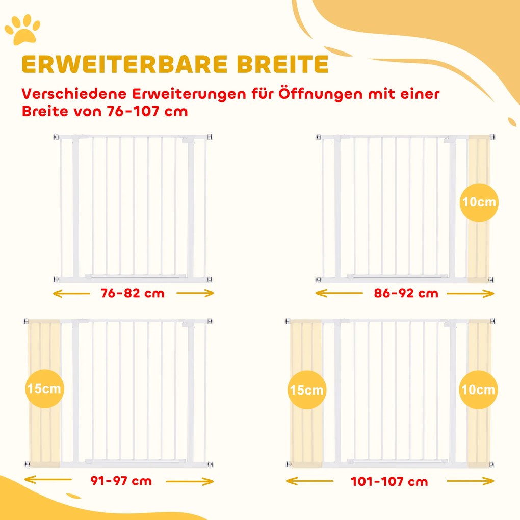 PawHut Schodišťová brána kovová ochrana dveří Bariérová brána nastavitelná bez vrtání 76-107x76cm Bílá