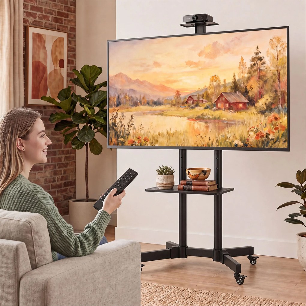 HOMCOM Mobilní TV stojan na kolečkách pro 32-75 palců, naklápěcí TV vozík, výškově nastavitelný, s brzdovými kolečky, černý