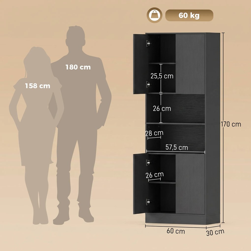 HOMCOM skladovací skříň 170 cm, kontejner s nastavitelnou policí, černý vzhled dřeva