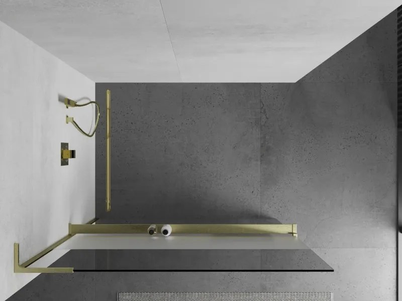 Mexen Kioto+ L, sprchová zástěna Walk-In s poličkou a věšákem 90 x 200 cm, 8mm čiré sklo-námraza, zlatý matný profil, 800-090-123-55-35