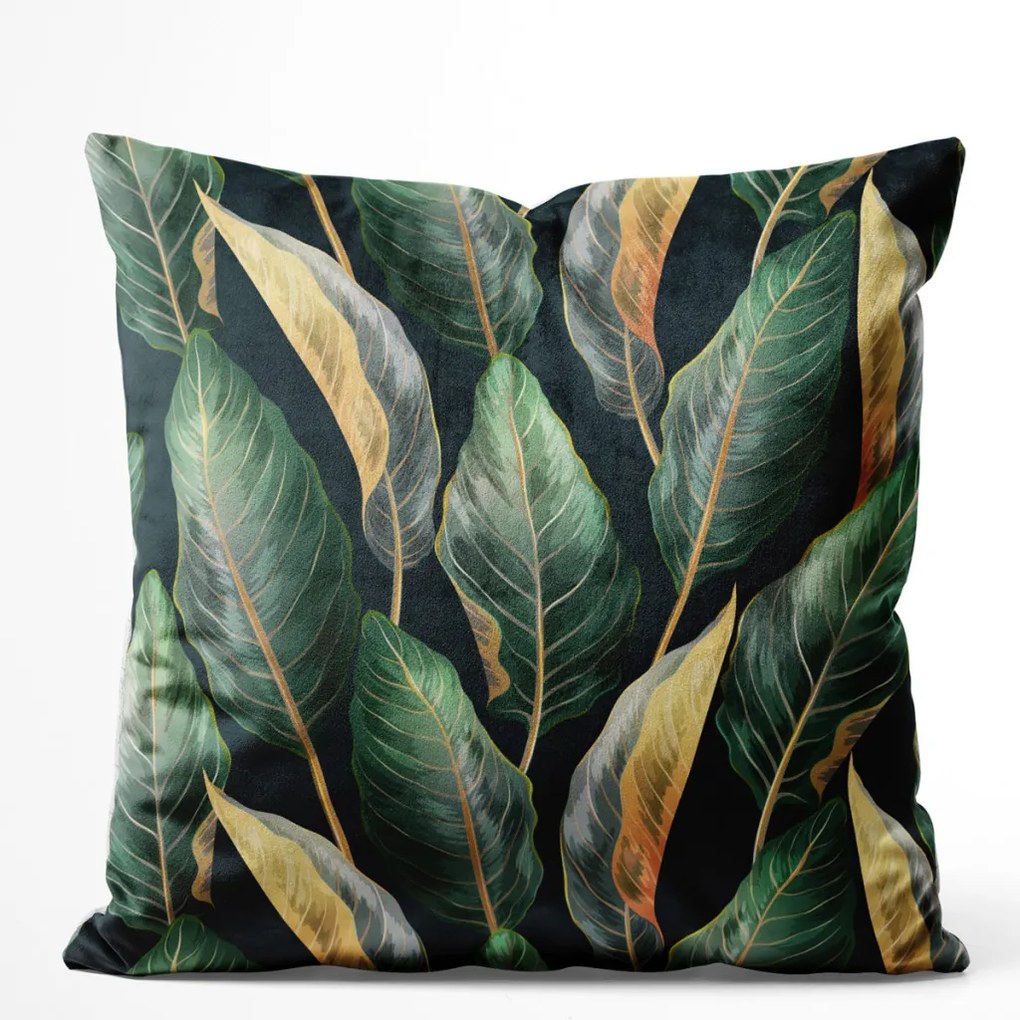 Dekorační velurový polštář Zlato-zelené exotické listy - rostlinný vzor v módním stylu z mikrovlákna