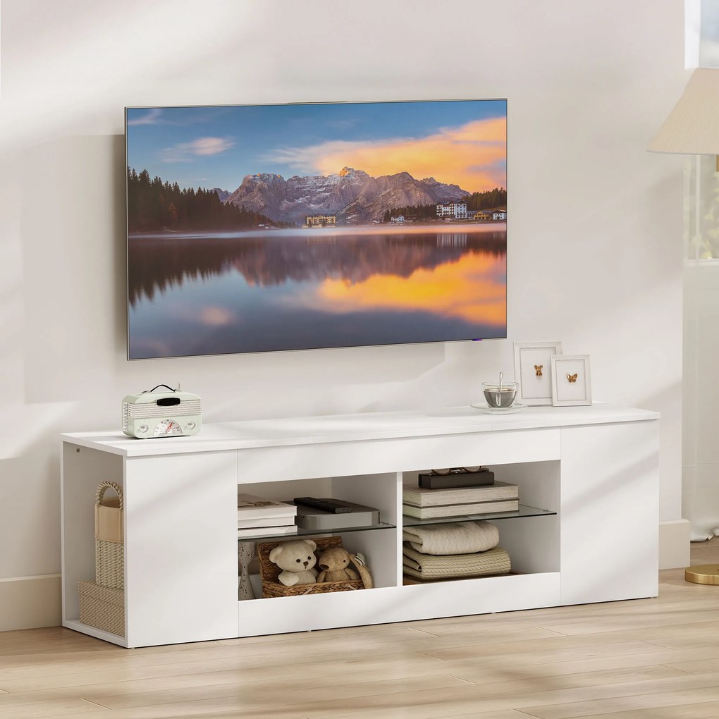 HOMCOM 140 cm TV stojan, televizní komoda, 6 přihrádek, 2 skleněné police, dřevotříska, bílá