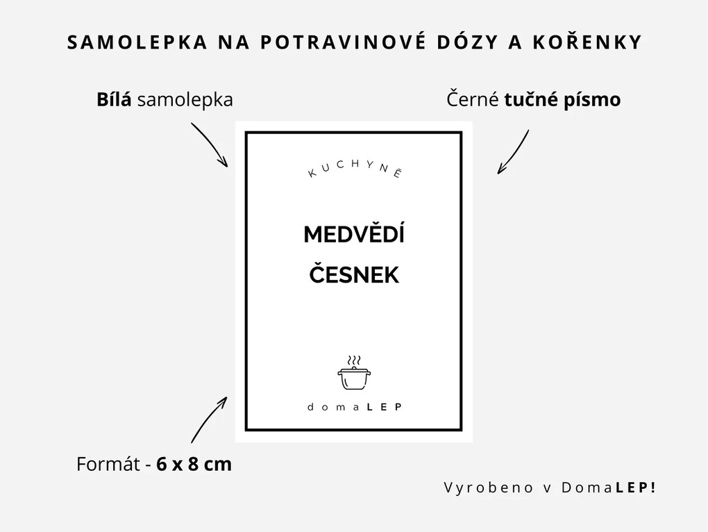 MEDVĚDÍ ČESNEK - omyvatelná samolepka na kořenky, výběr rozměrů Ø 5 cm / 5 x 5 cm / 6 x 8 cm | DomaLEP tvar: ČTVEREC, barva: BÍLÁ - ČERNÉ písmo, velikost: š. 5 cm x v. 5 cm - tučné písmo