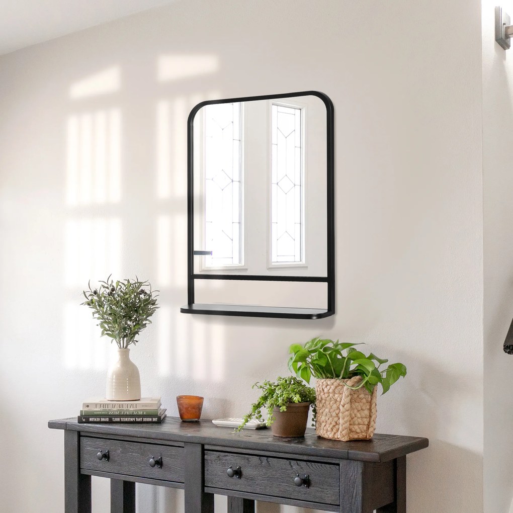 HOMCOM Nástěnné zrcadlo s policí 70x50cm moderní elegantní obdélníkové černé do obývacího pokoje a předsíně