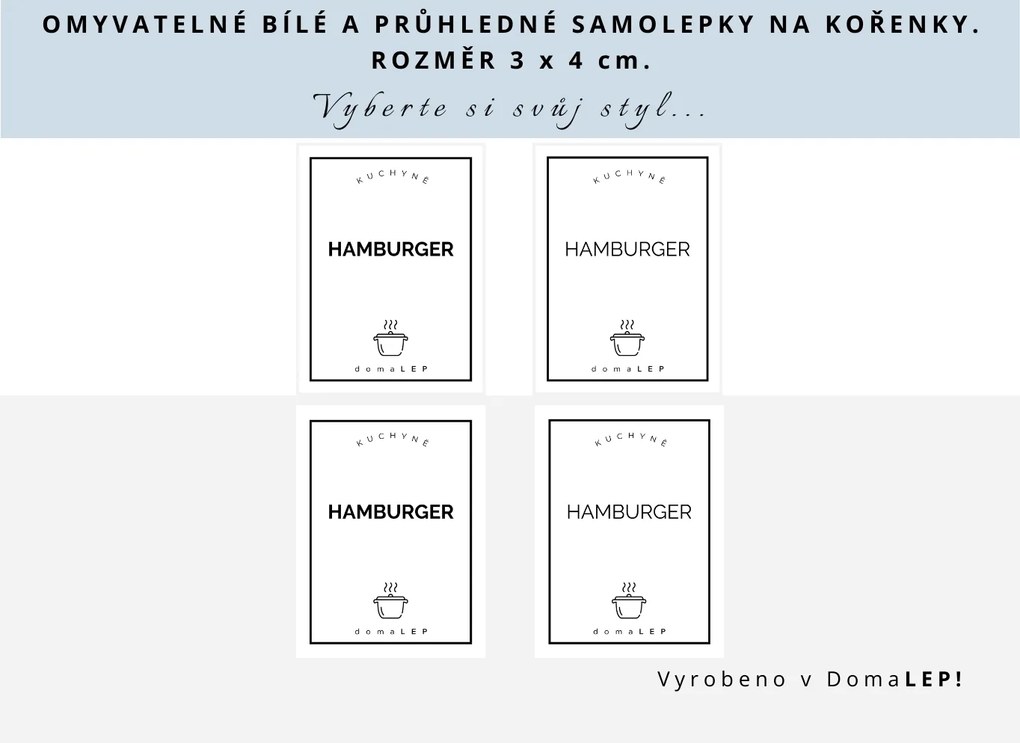 HAMBURGER - Samolepka na kořenky 3 x 4 cm - DomaLEP varianta: BÍLÁ - tučné písmo