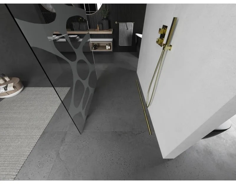 Mexen Kioto, sprchová zástěna Walk-In 100 x 200 cm, 8mm čiré sklo bílý vzor, ​​zlatý matný profil, 800-100-002-55-97