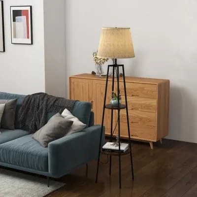 HOMCOM stojací lampa 2 police E27 objímka žárovky 40 W tahový spínač, textilní stínidlo 42 x 166 cm, černá/hnědá
