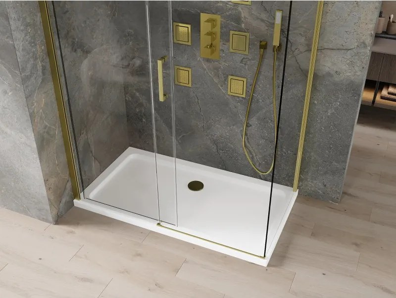 Mexen Omega posuvný sprchový kout 140 x 80 cm, 6mm sklo, zlatý profil-čiré sklo + slim sprchová vanička 5cm, 825-140-080-50-00-4010