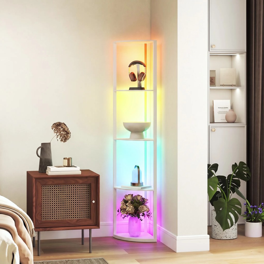 HOMCOM LED stojací lampa, 5stupňově stmívatelná lampa s policí, RGB měnění barev, dálkové ovládání B31-552V90WT