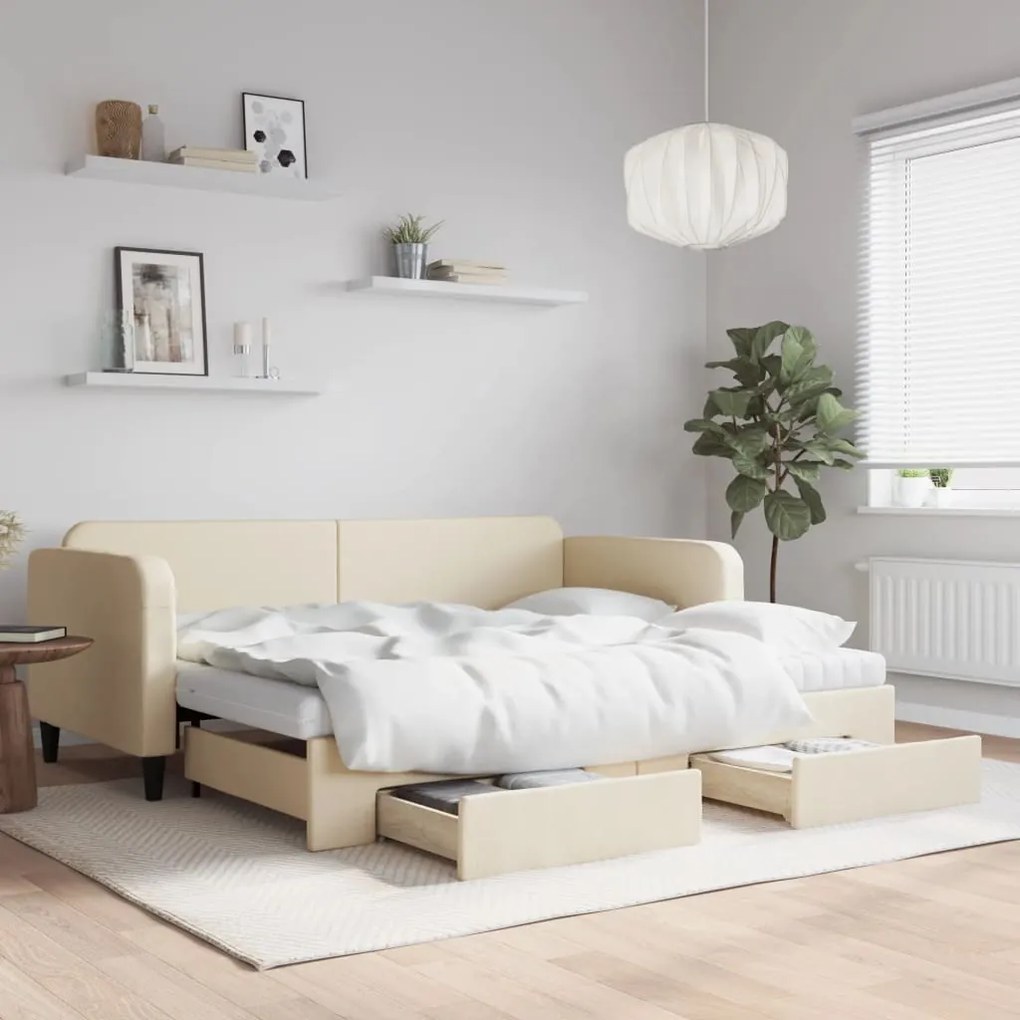 Válenda s přistýlkou a zásuvkami krémová 90 x 200 cm textil 3196874