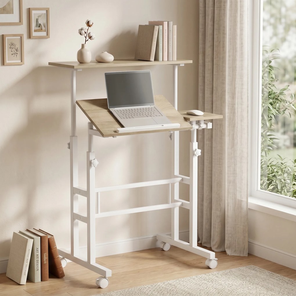 HOMCOM sedací‑stojací stůl výškově nastavitelný 70 x 60 cm na kolečkách s naklápěcí deskou, kovový rám, hnědý