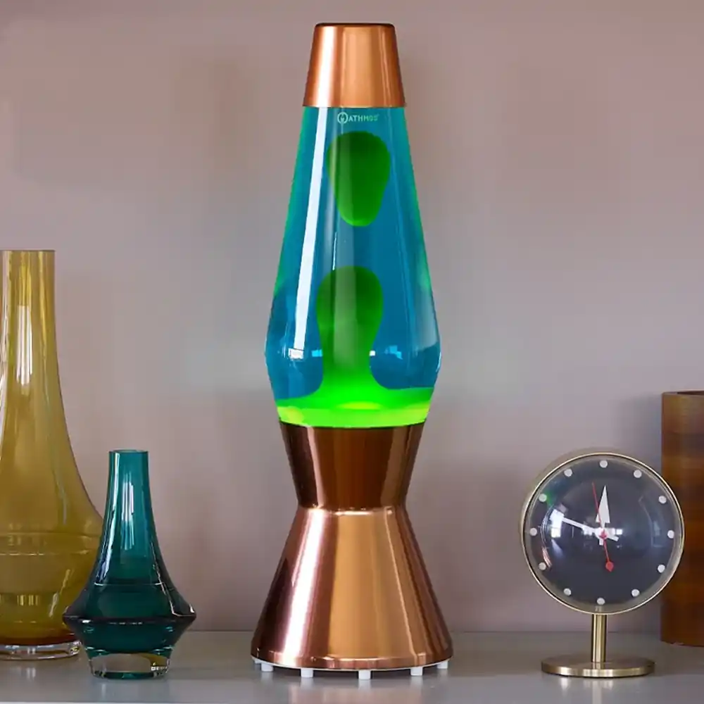Mathmos Astro Copper, originální lávová lampa, měděná s modrou tekutinou a  zelenou lávou, výška 43cm | BIANO