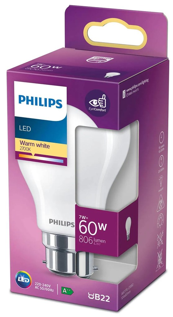 Philips LED žárovka Classic B22 A60 7W 2700K matná