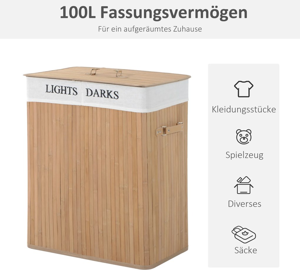 HOMCOM Bambusový koš na prádlo s víkem 100 L, nosič na prádlo s PU rukojeťmi, plátěný pytel na prádlo, třídící koš na prádlo do koupelny, ložnice a k…