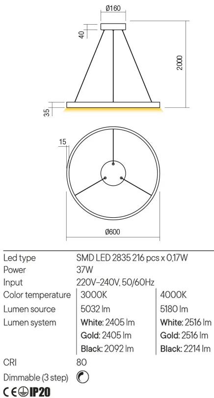 Redo Závěsné LED svítidlo Febe - kulaté ø60 cm Barva: Bílá, Chromatičnost: 3000K