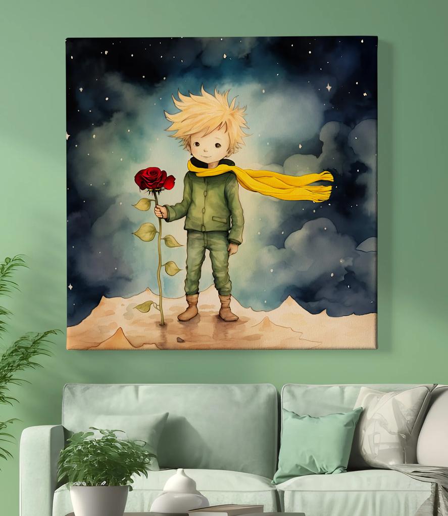 Obraz na plátně - Malý princ na své planetce s milovanou růží (cartoon) FeelHappy.cz Velikost obrazu: 140 x 140 cm