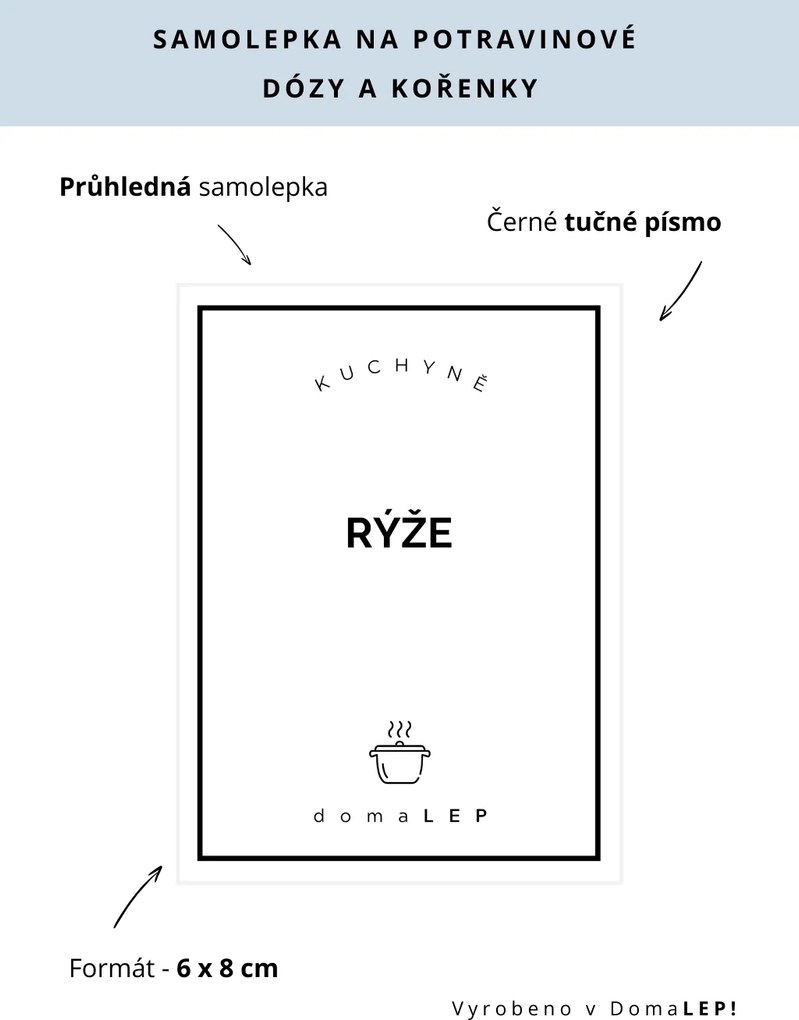 RÝŽE – průhledná samolepka na dózu, tučné písmo, 6 x 8 cm | DomaLEP