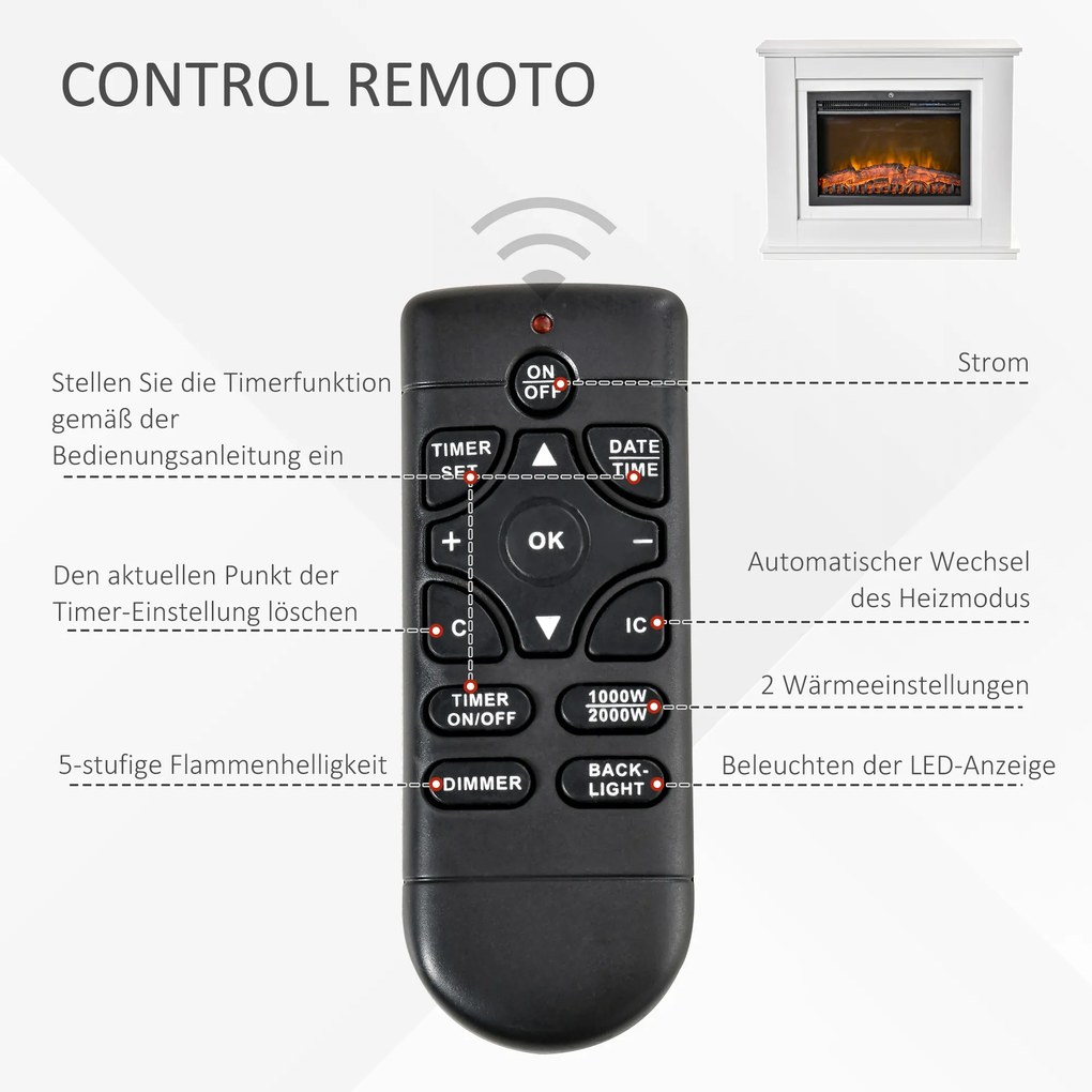 HOMCOM Elektrický krb, 3D LED plameny, dálkové ovládání, časovač, MDF, bílý