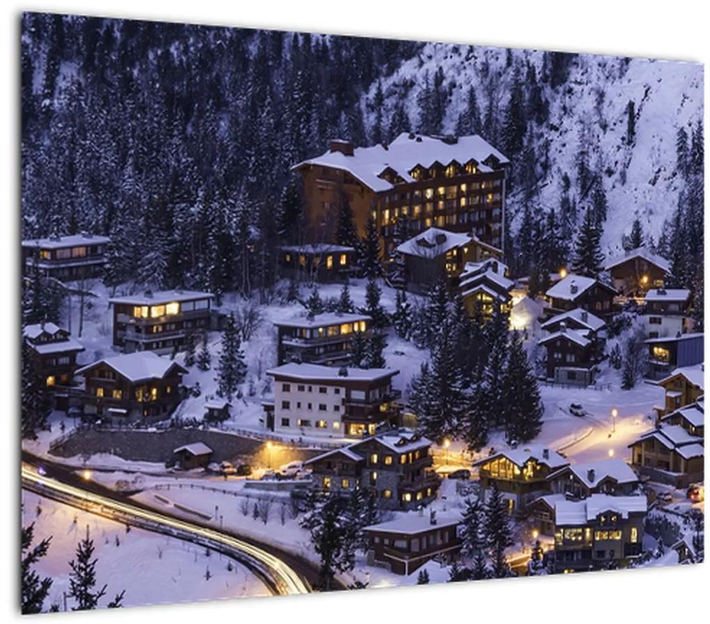 Skleněný obraz - horské zimní městečko (70x50 cm)