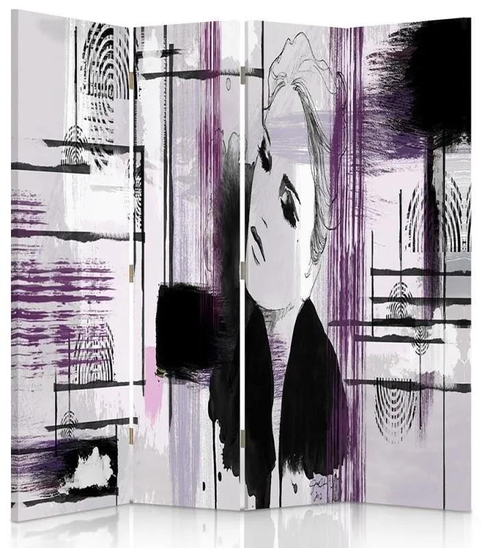 Ozdobný paraván Žena Abstraktní fialová - 145x170 cm, čtyřdílný, klasický paraván