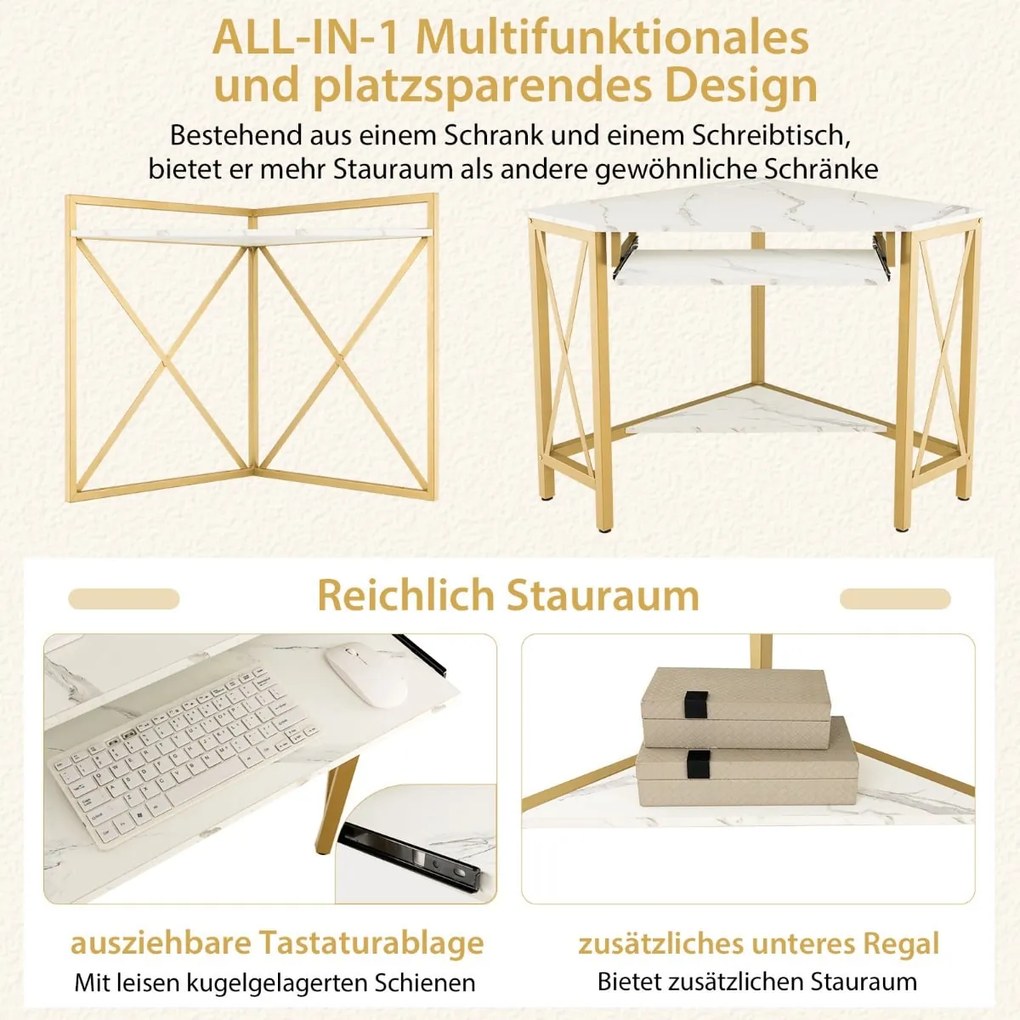 Costway Stůl s nabíjecí stanicí rohový s policí na klávesnici a 2 policemi bílá
