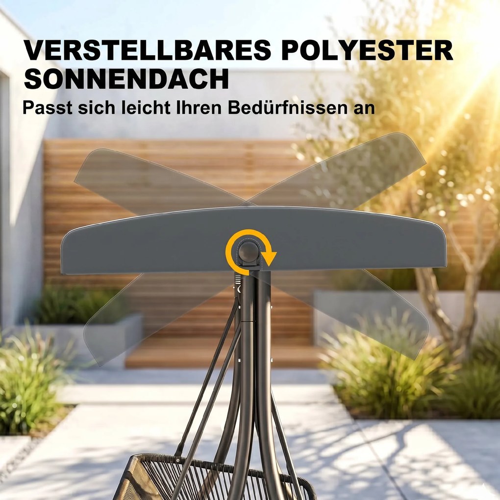 Outsunny ratanová houpačka Hollywood pro 2 osoby — zahradní lavice s nastavitelnou stříškou a polštáři, A-rám, nosnost 240 kg, 178 × 120 × 172 cm (tm…