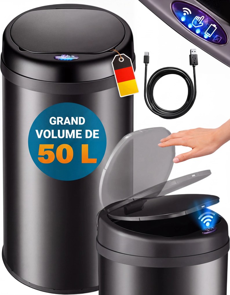 Senzor Odpadkový koš černý nerezová ocel 50L