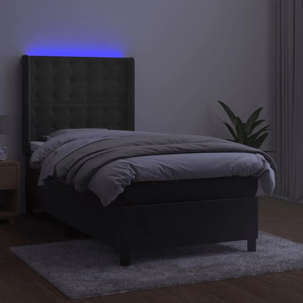Box spring postel s matrací a LED tmavě šedá 90x200 cm samet 3139782