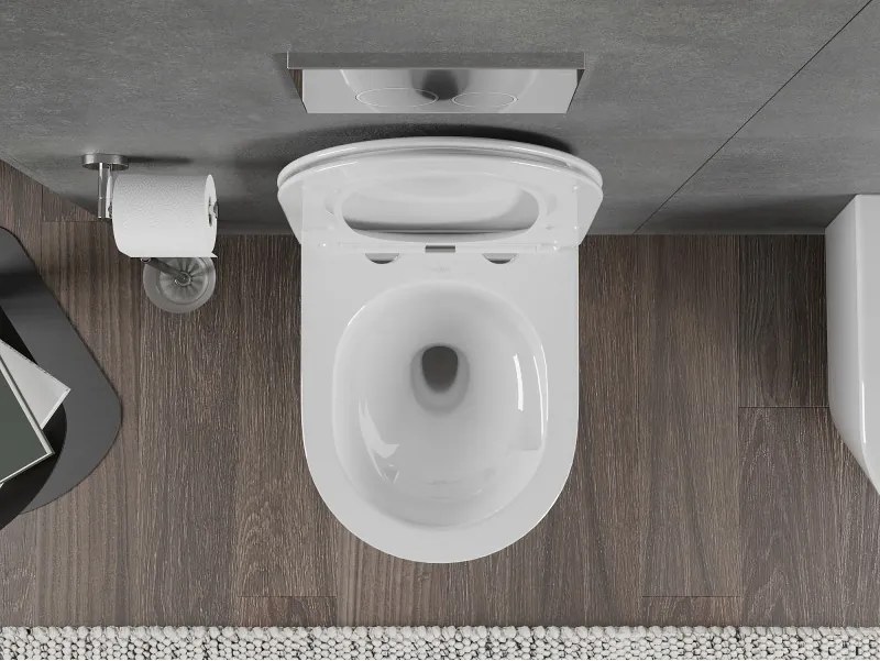 Mexen Rico, závěsná WC mísa 490x360x370 mm, Rimless Tornádo + WC sedátko z duroplastu, bílá lesklá, 30720400T