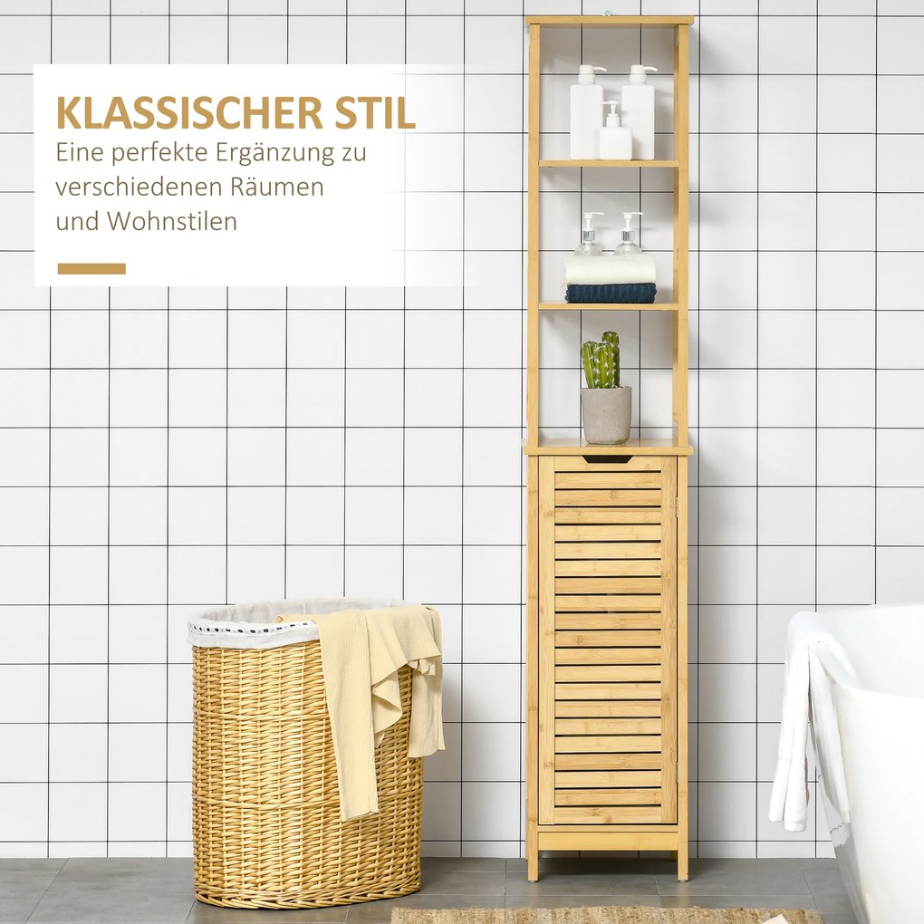 kleankin koupelnová skříňka bambus, 34 x 30 x 173 cm, se 3 otevřenými přihrádkami a 1 skříňkou, ochrana proti překlopení, otevírání na madlo, volně s…