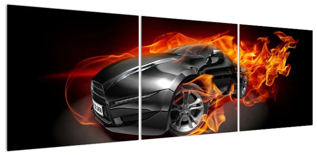 Obraz auta v ohni (150x50 cm)