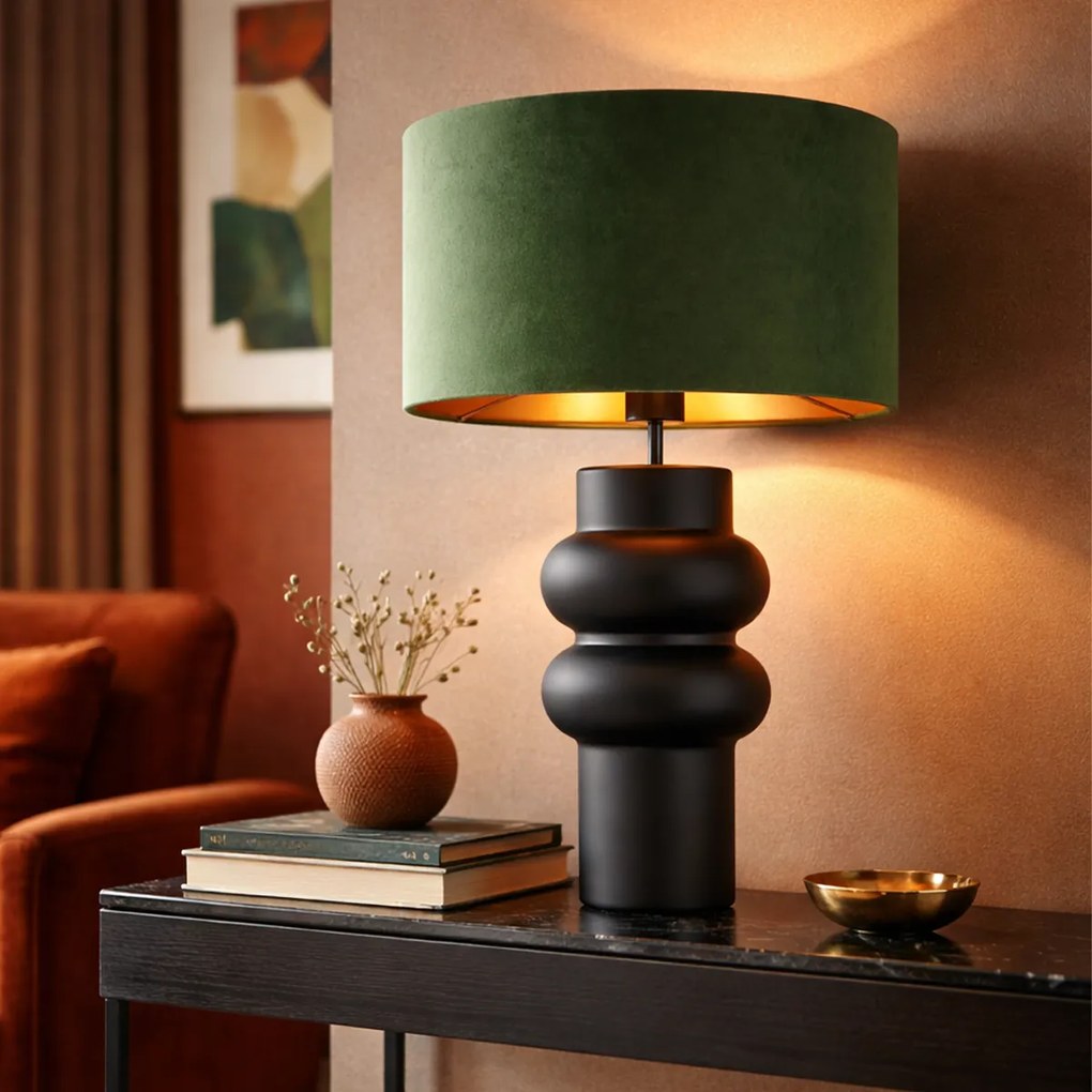 Designová stolní lampa s černým sametovým stínítkem zelená se zlatem 35 cm - Alisia