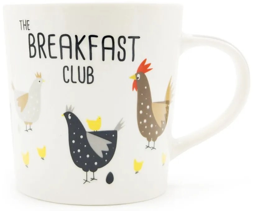 Porcelánový hrnek Breakfast Club, bílý, 400 ml – motiv slepic, kuřátek a kohouta, venkovský styl