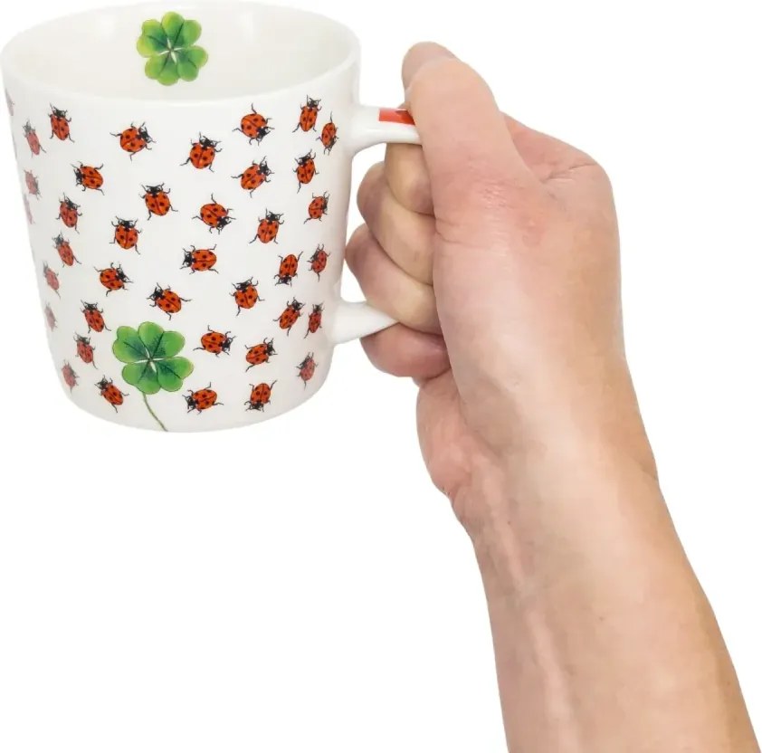 Porcelánový hrnek Berušky, 400 ml – hrnek se čtyřlístky a beruškami pro štěstí v dárkovém balení