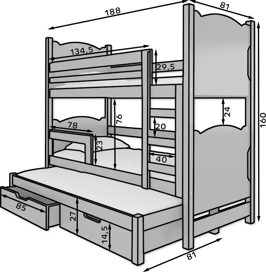 ADRK Furniture Patrová postel pro tři osoby s matracemi LETICIA
